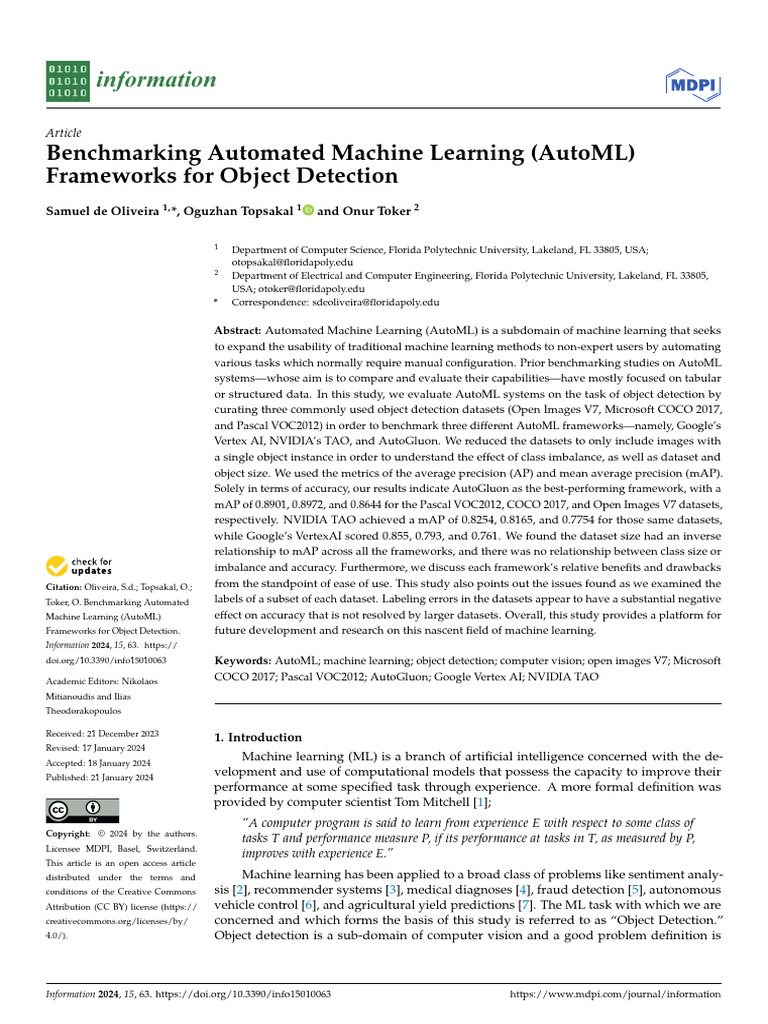 Benchmarking Automated Machine Learning (AutoML) Frameworks for Object Detection | PDF | Machine ...