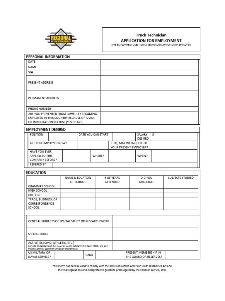 Truck Technician Employment Application | PDF | Truck | Employment