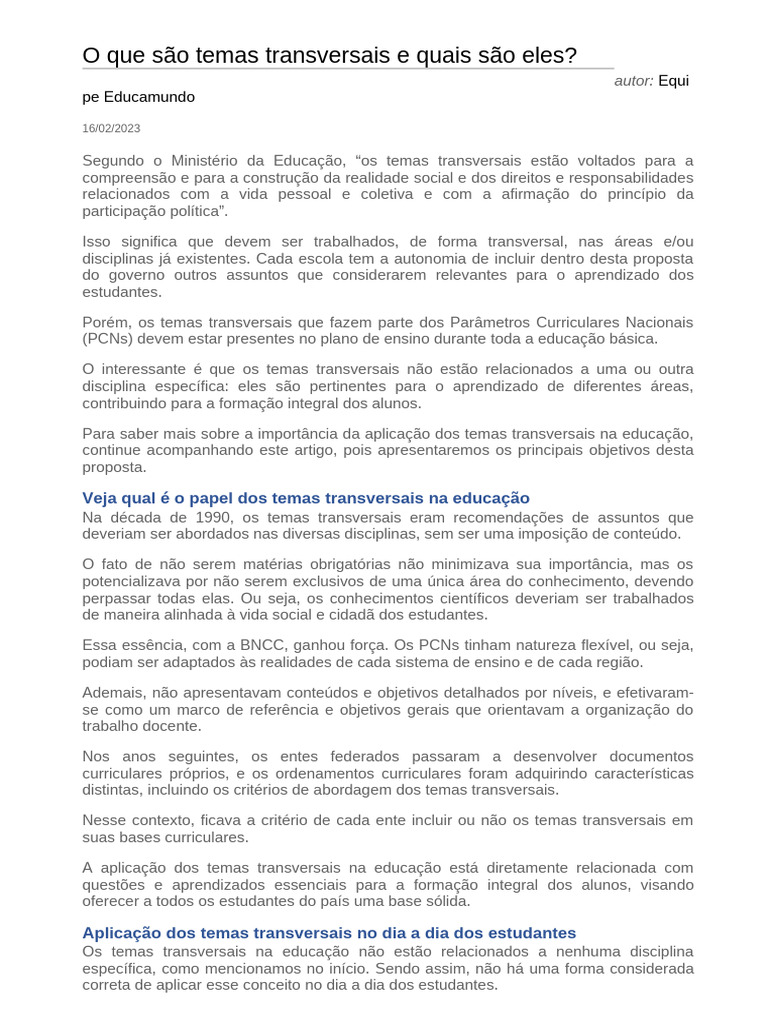 Temas Transversais na Educação | PDF | Aprendizado