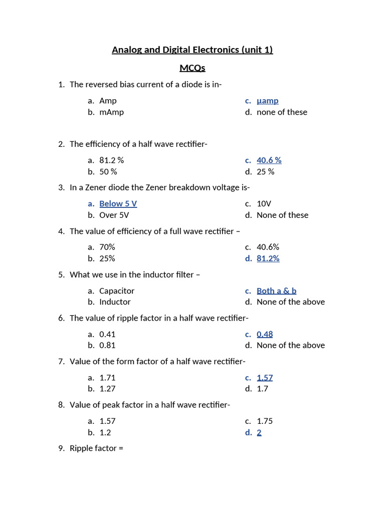 Analog and Digital Electronics MCQs | PDF | Rectifier | Diode