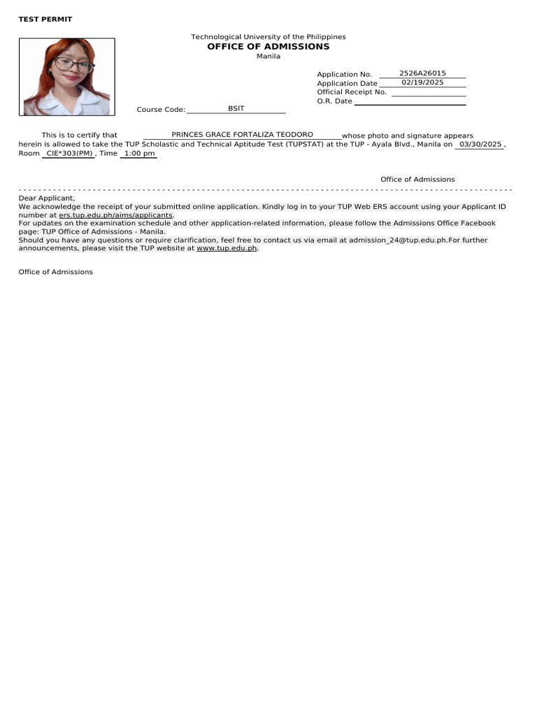 TUPSTAT Exam Permit for Applicants | PDF