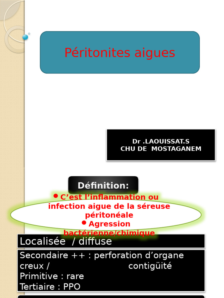 Péritonite Secondaire : Diagnostic et Urgences | PDF | Péritoine | Gros ...
