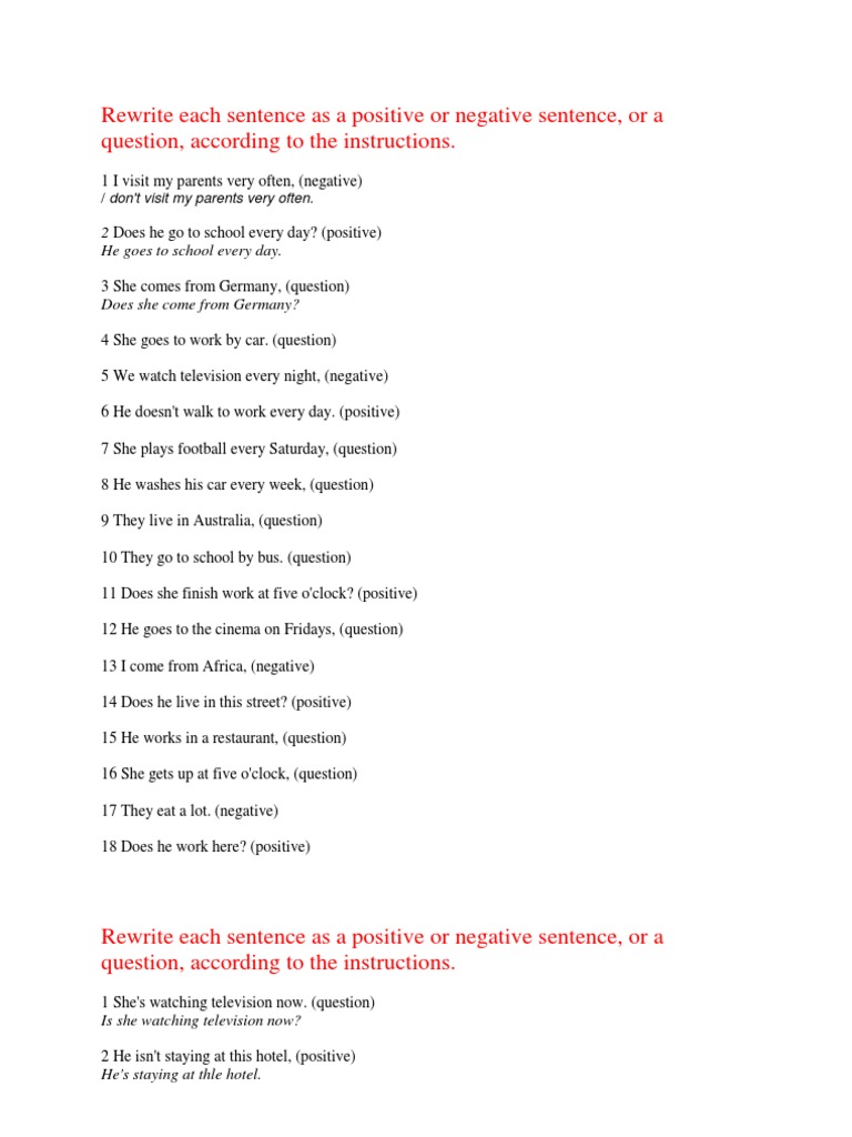 Positive and Negative Sentence Rewrites | PDF | Grammar