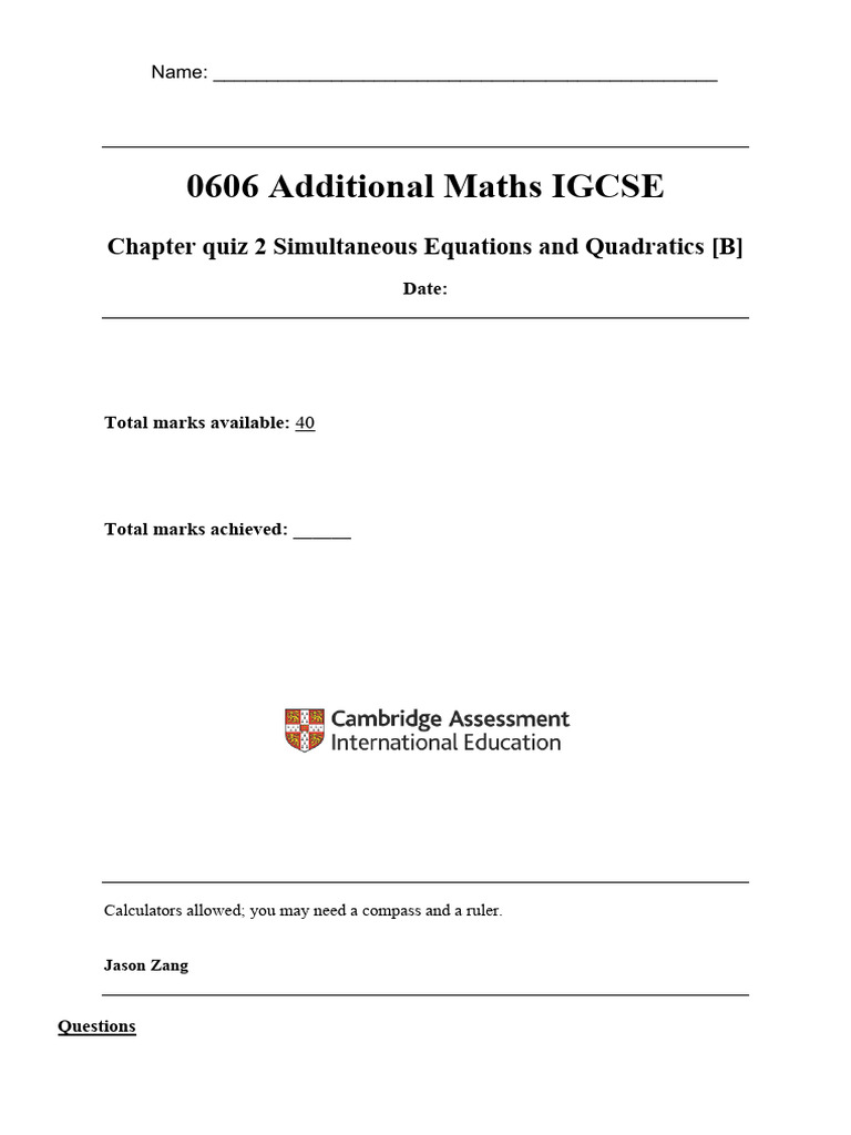 2 Simultaneous Equations and Quadratics B | PDF | Quadratic Equation ...