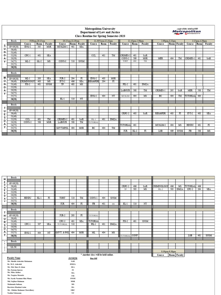 Jur-404 Class Schedule Spring 2025 | PDF