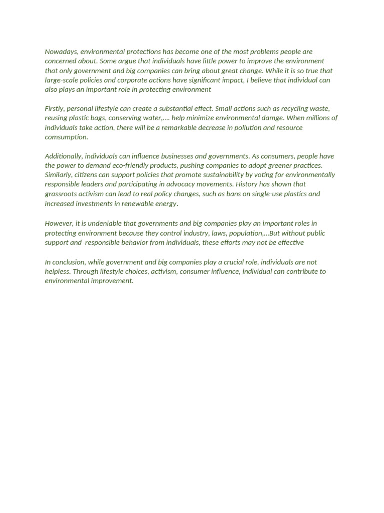 Individual Impact on Environmental Protection | PDF