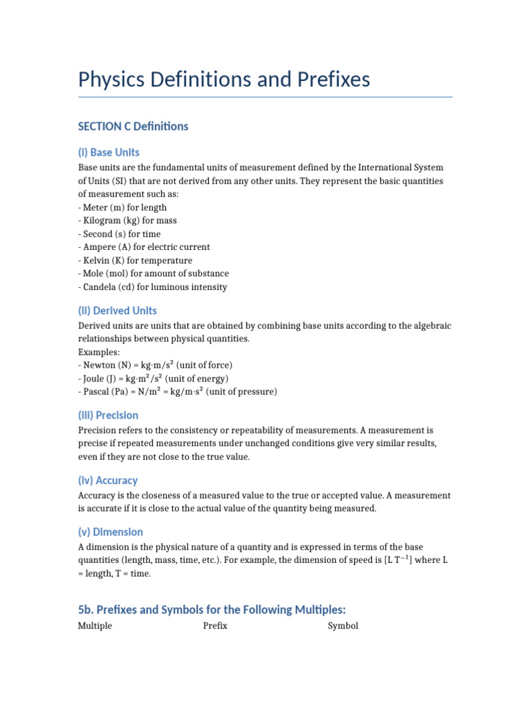 Physics Definitions and Prefixes | PDF