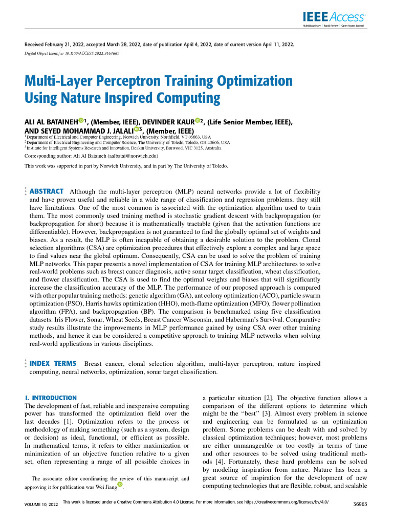 Multi-Layer Perceptron Training Optimization Using Nature Inspired Computing | PDF | Antibody ...