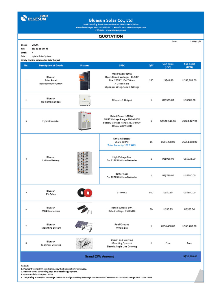 Bluesun 120KW Hybrid Solar System | PDF | Power (Physics) | Solar Power