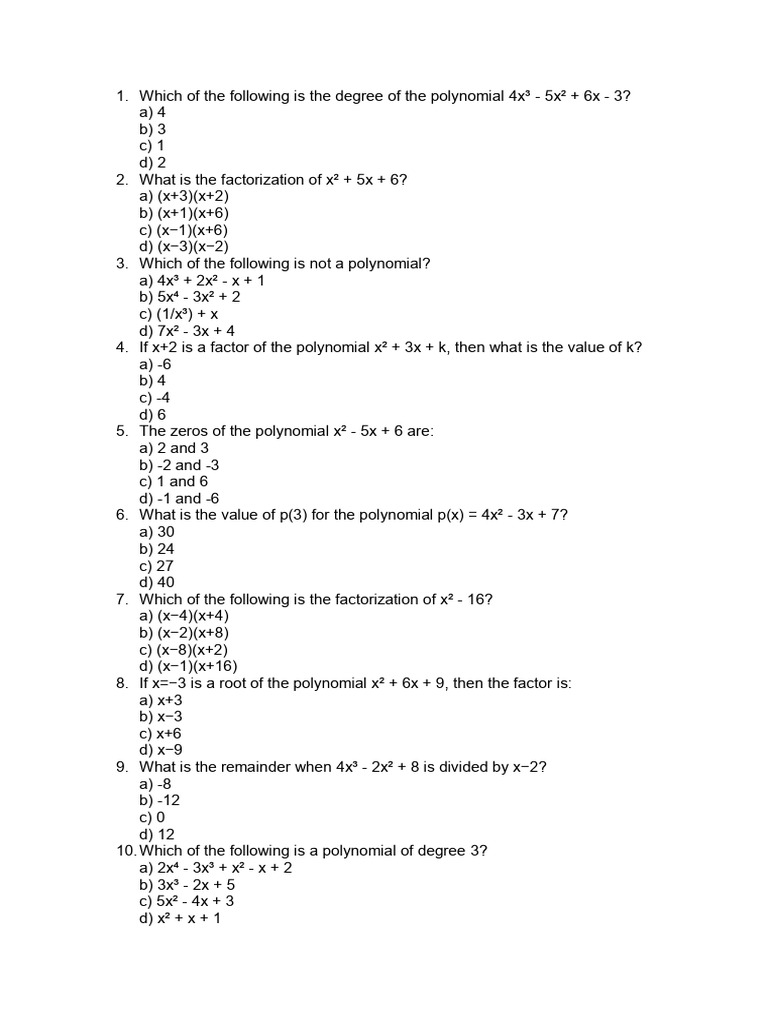 Polynomials Important Questions | PDF | Factorization | Polynomial