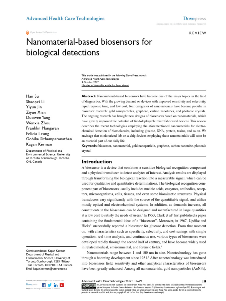 Development of Nanomaterial Based Biosensors For Biomedical | PDF | Biosensor | Carbon Nanotube