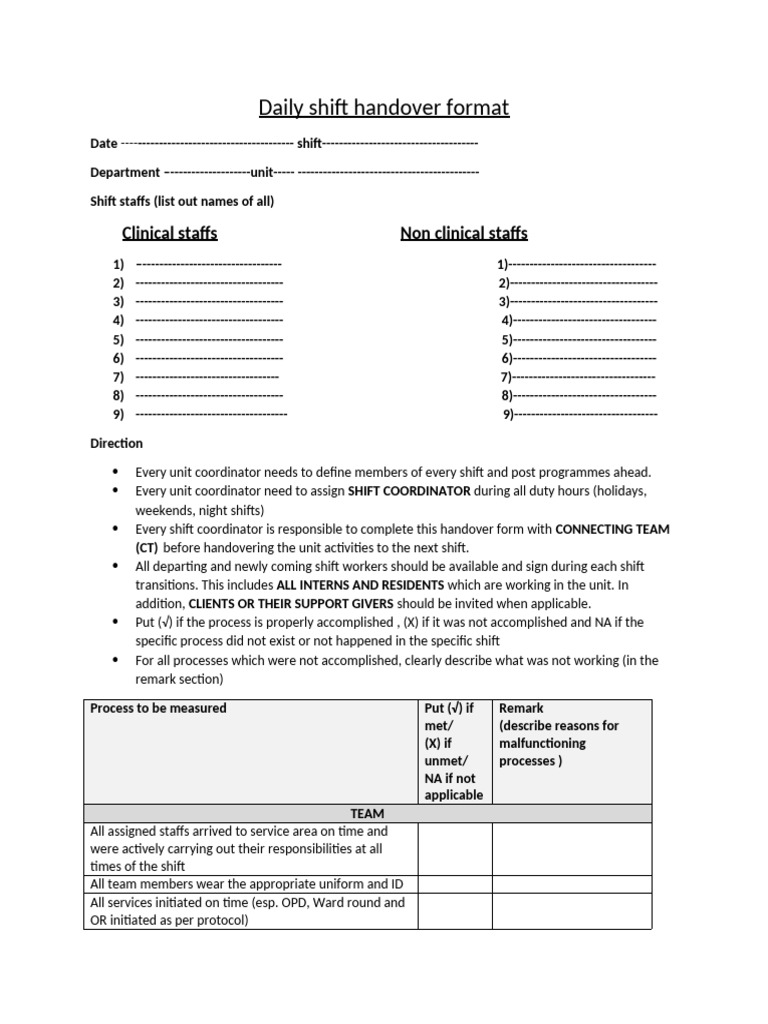Daily Shift Handover Format | PDF | Health Care | Public Services