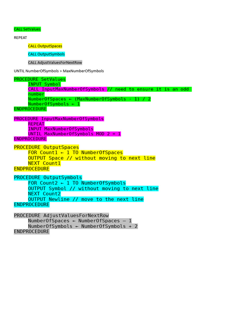 Call Setvalues Repeat Call Outputspaces Call Outputsymbols Call ...