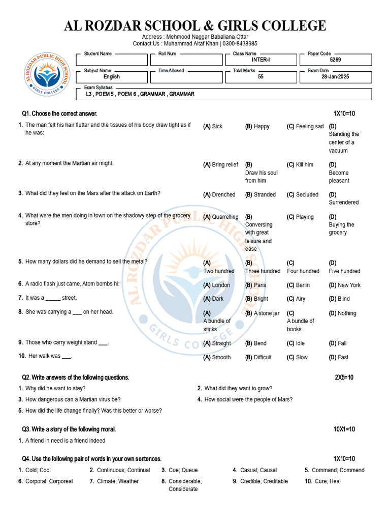 1st year english paper alrozdar school | PDF