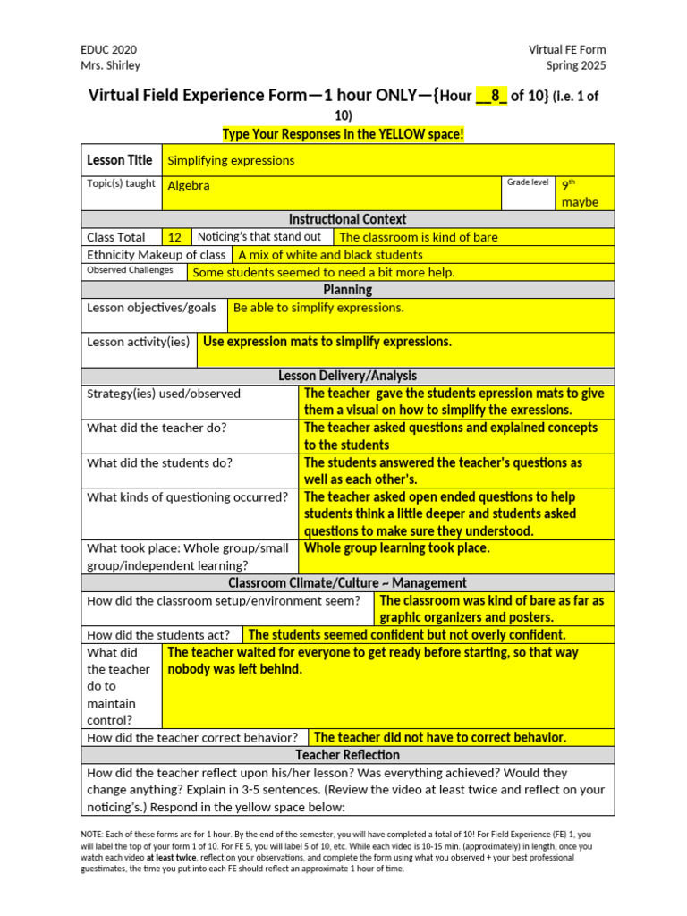 Virtual Field Experience Form - 8 | PDF | Teachers | Classroom