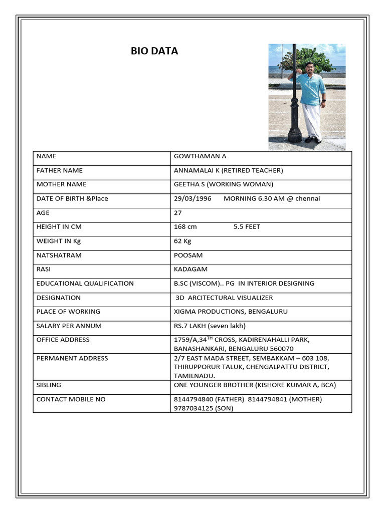 Bio Data Gowthaman | PDF