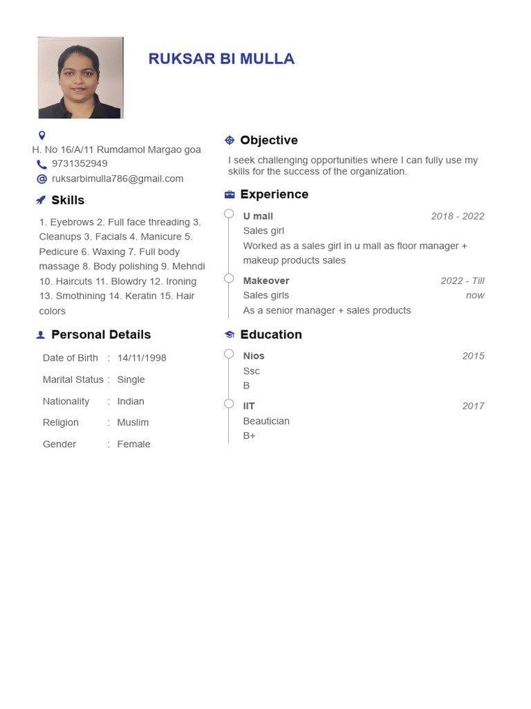 Ruksar Bi Mulla - Beautician Profile | PDF