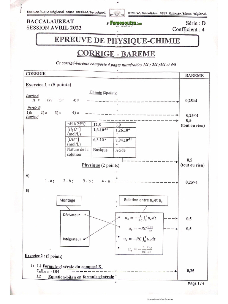 Corrige Bac Blanc Regional D PC Bouna Mars 2023 | PDF