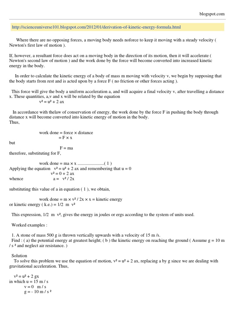 Derivation of Kinetic Energy Formula | PDF | Kinetic Energy | Collision