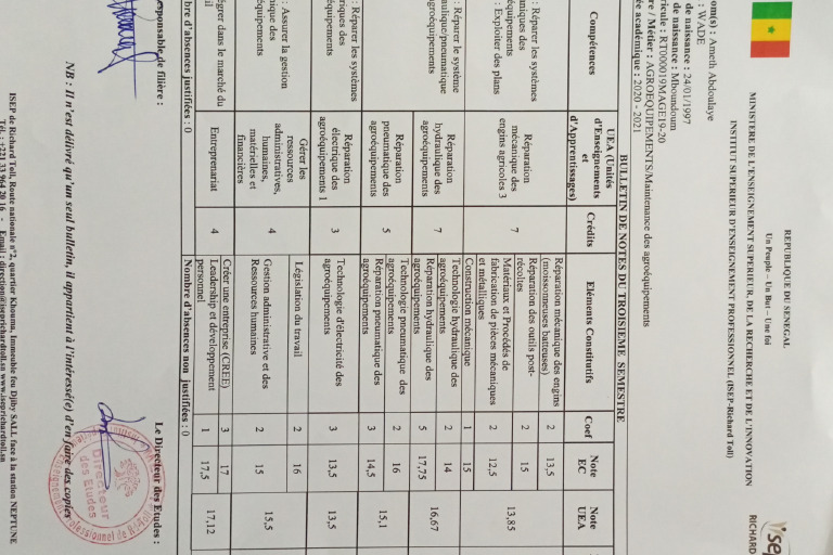 Bulletin de Note Troisième Semestre | PDF