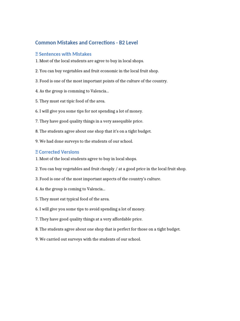 B2 Common Mistakes Corrections | PDF