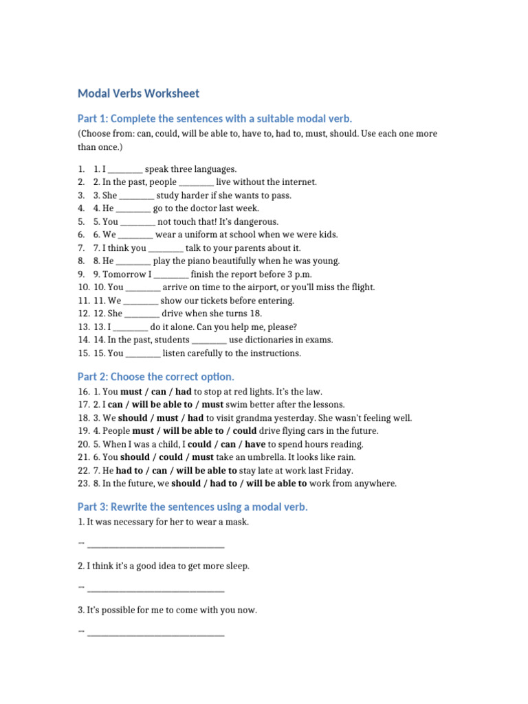 Modal Verbs Practice Worksheet | PDF | Linguistics
