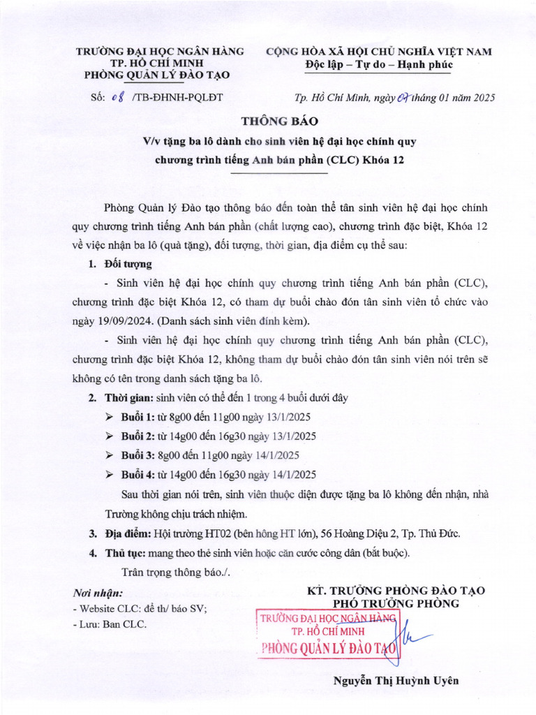 TB Tang Ba Lo Danh Cho SV CT TABP CLC Khoa 12 | PDF