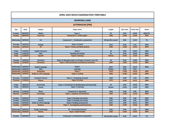 Y10 Mocks Timetable April 2025 | PDF | Liberal Arts Education