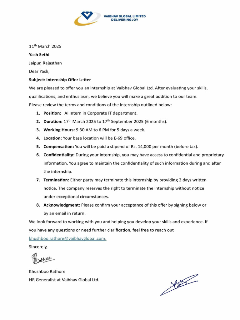 Internship Offer Letter - Yash Sethi | PDF