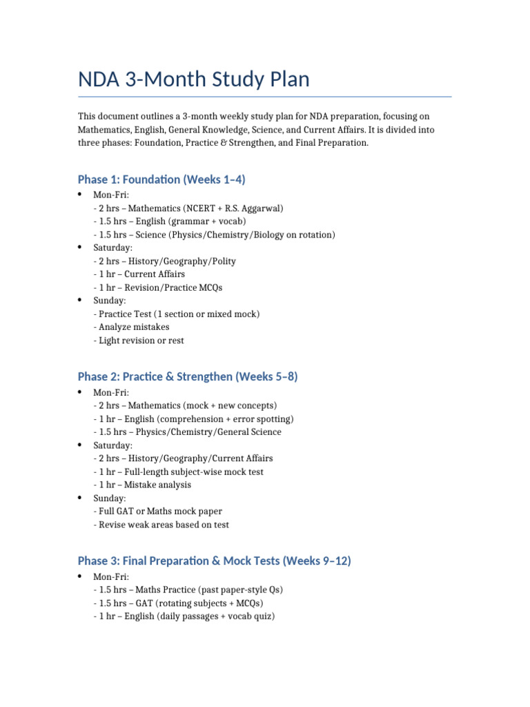 NDA 3 Month Study Plan | PDF