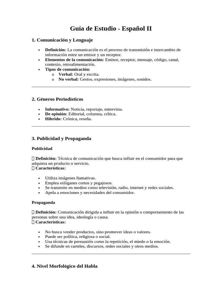 Guía de Estudio para Español II | PDF | Comunicación | Oración ...