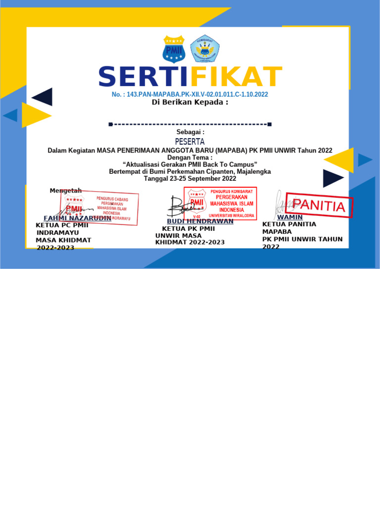 Salinan Dari Sertifikat Mapaba 2022 | PDF