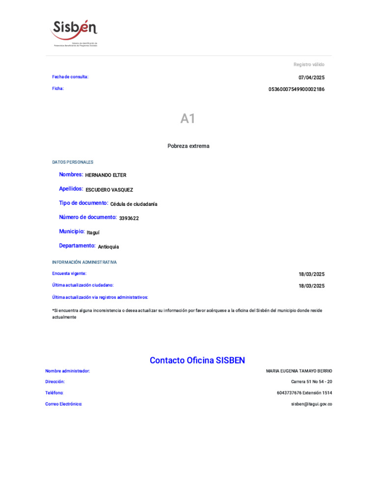 Puntaje Sisben Elter | PDF