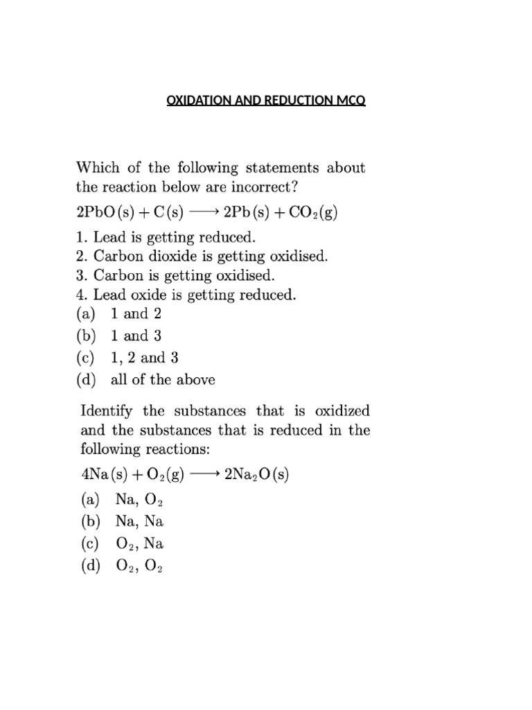Oxidation and Reduction MCQ | PDF