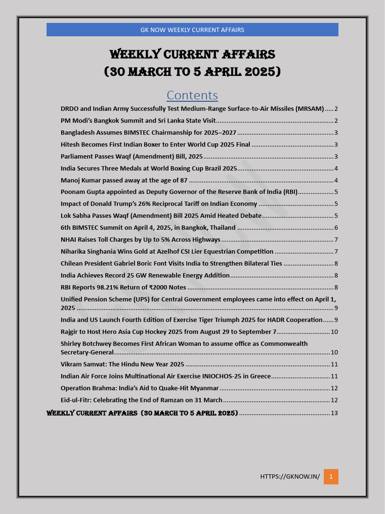 Weekly 30 March to 5 April Current Affairs (English) | PDF | Reserve ...