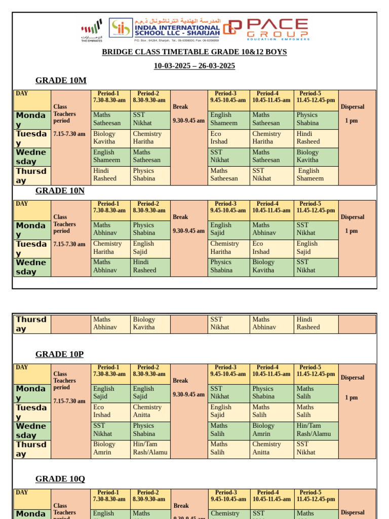 Bridge Class Timetable 10&12 Boys | PDF | Natural Sciences | Physical Sciences