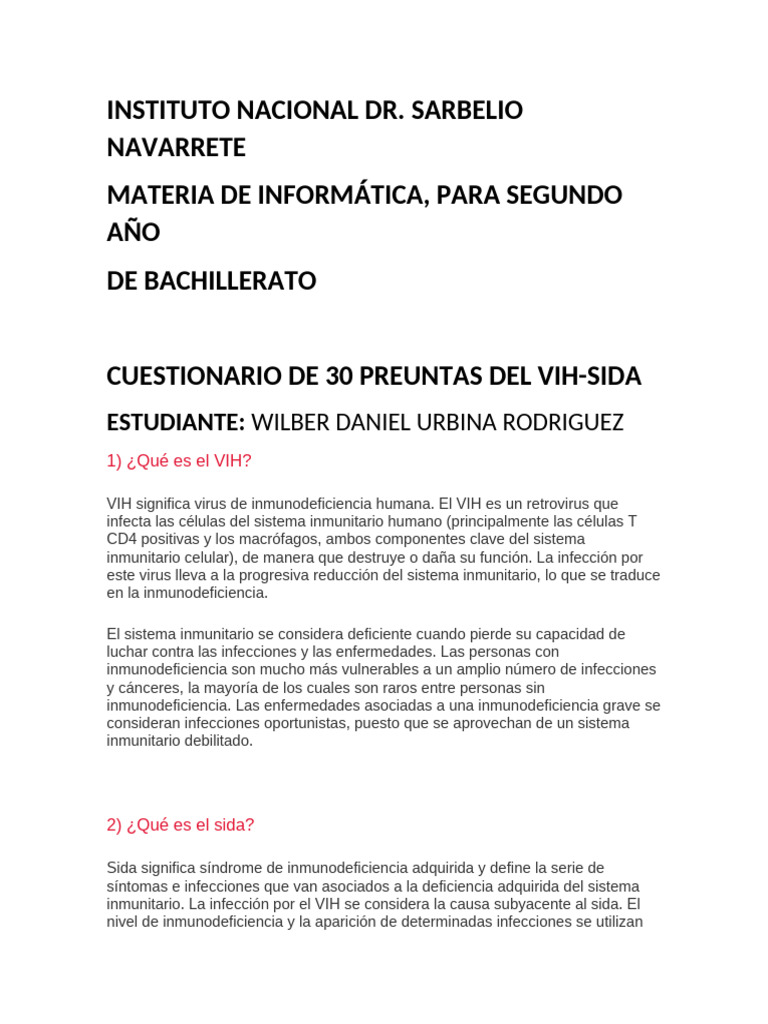 Cuestionario de 30 Preguntas Del Vih-Sida | PDF | VIH | VIH / SIDA