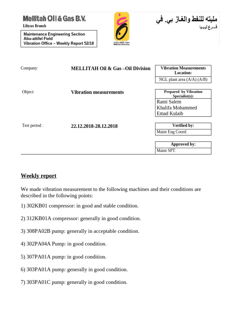 Weekly Vibration Measurement Report | PDF | Gases | Turbomachinery