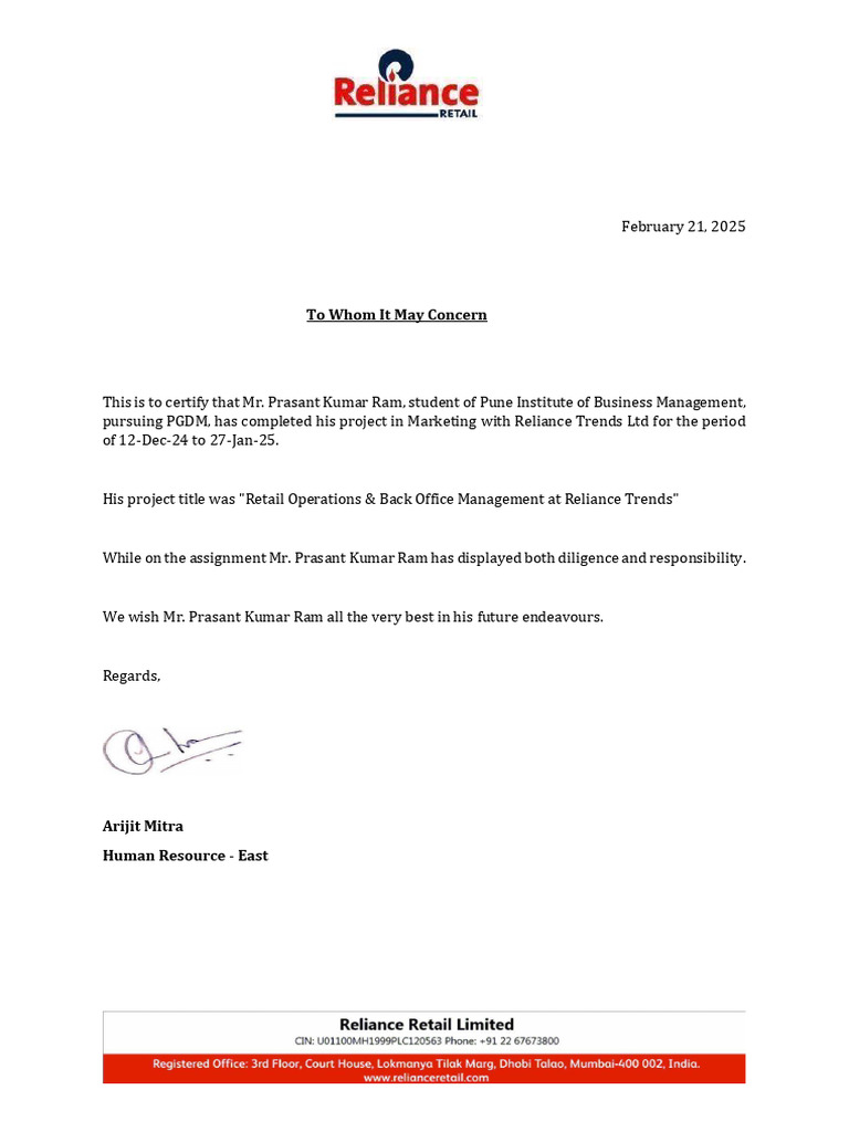 Prasant Kumar Ram Internship Certificate | PDF