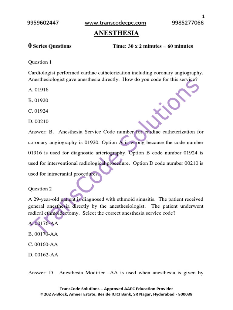 Anesthesia 0 Series Questions and Answers | PDF | Angiography | Anesthesia