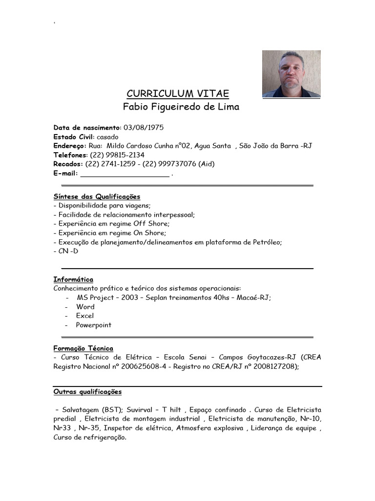 Curriculum Fabio - Atualizado | PDF | Eletricista