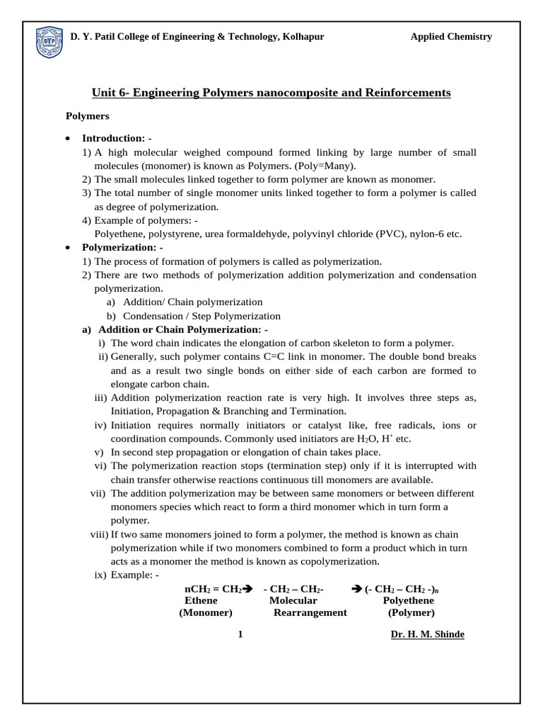 Unit - 6 Engineering Polymer | PDF | Composite Material | Polymerization