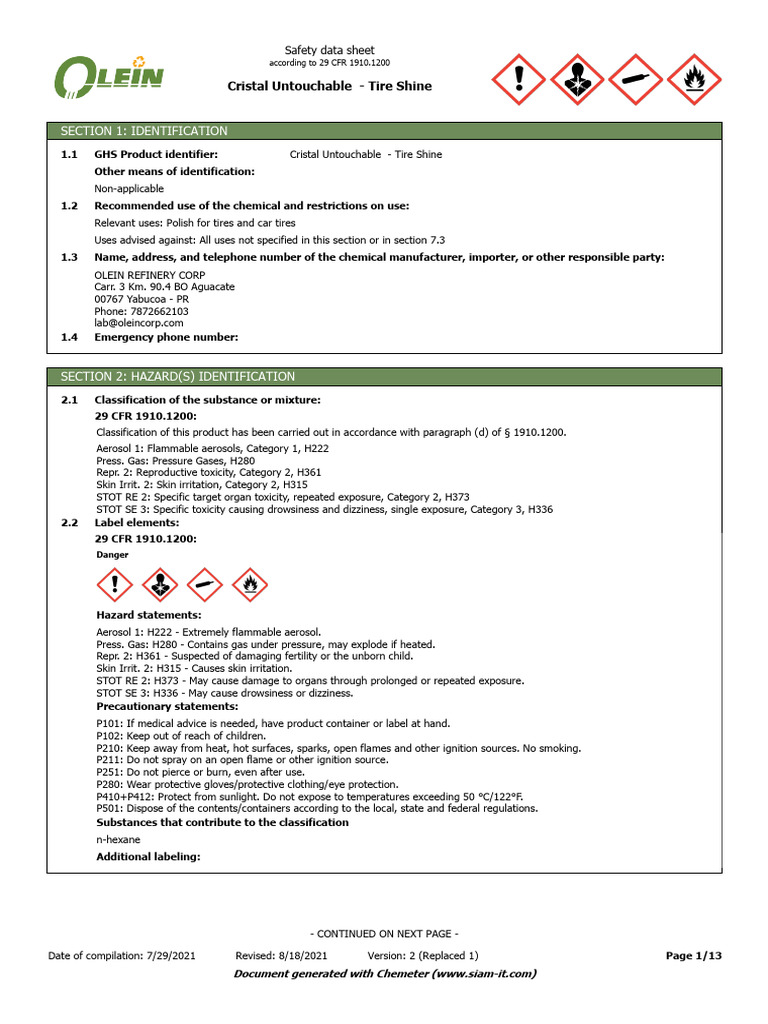 Cristal Untouchable Tire Shine SDS | PDF | Occupational Safety And ...