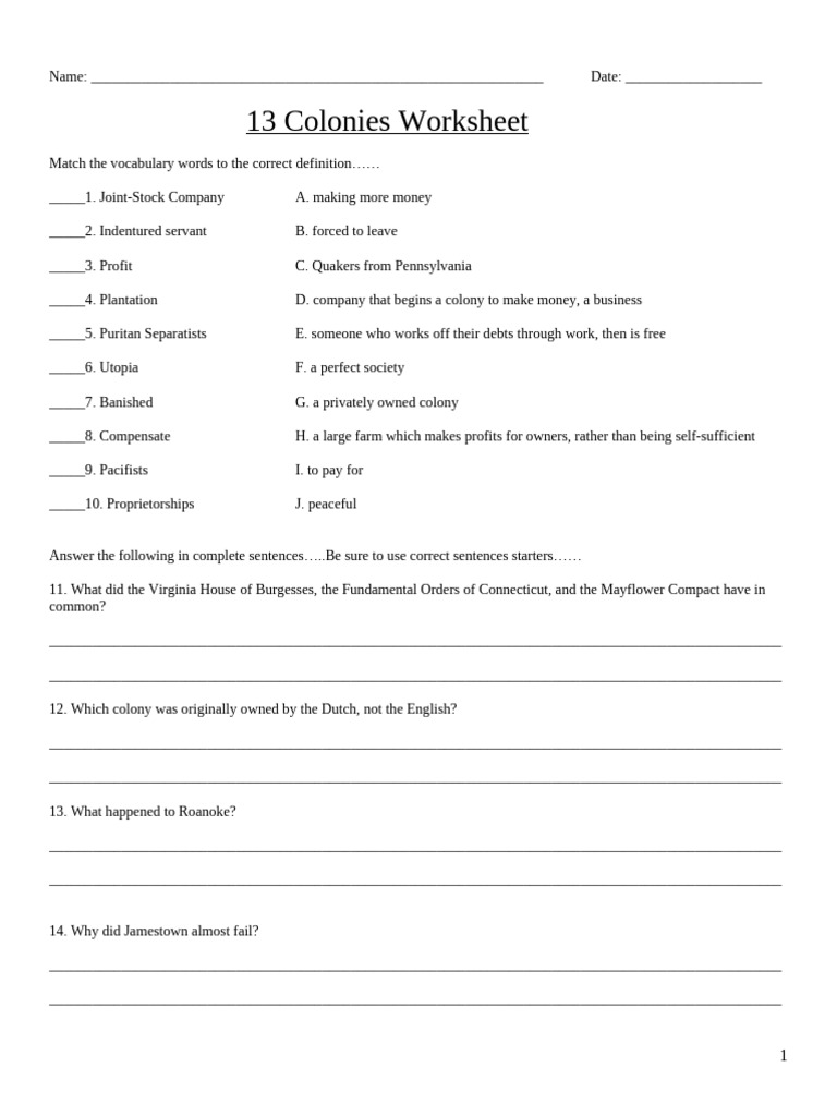 Fouding of The 13 Colonies (Worksheet) | PDF | Thirteen Colonies ...