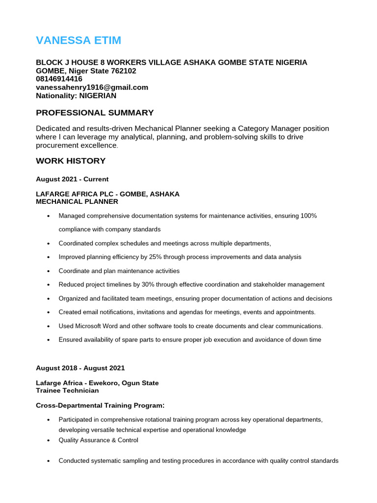 Category Manager CV of Vanessa Etim | PDF | Inventory | Quality Assurance