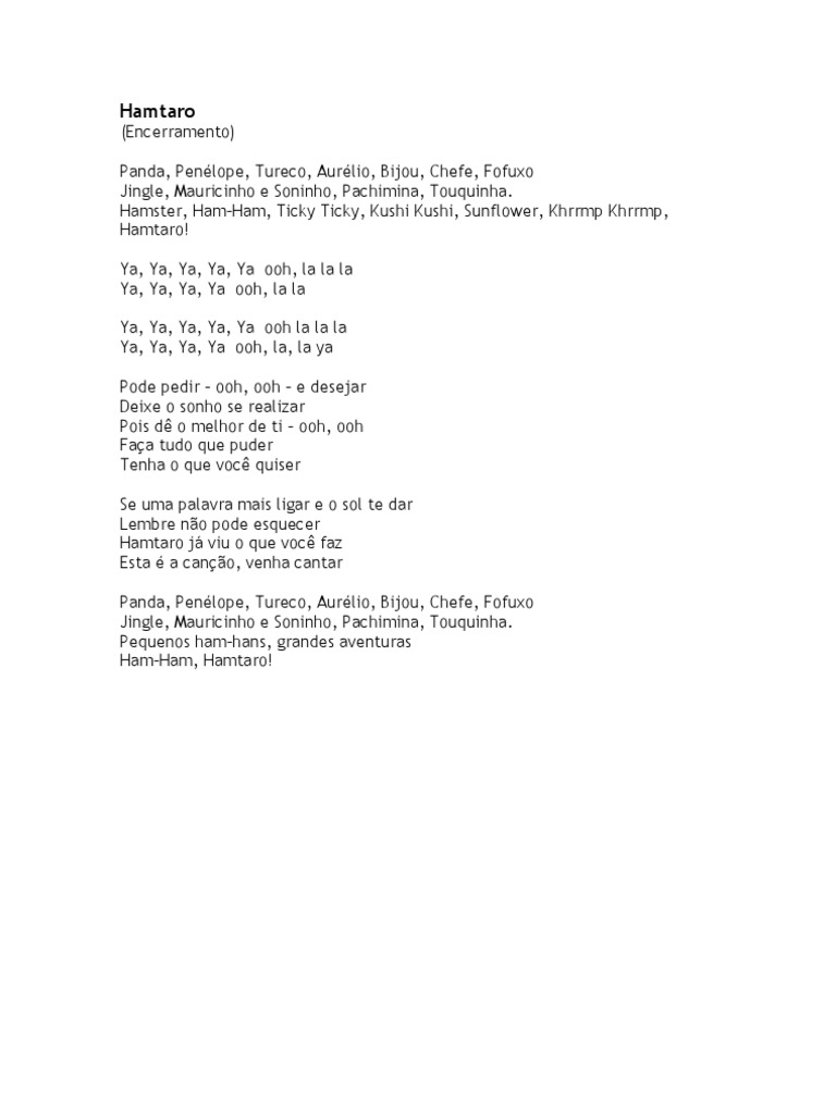 Letra da Música de Hamtaro | PDF | Anime e mangá de comédia | Animes e ...