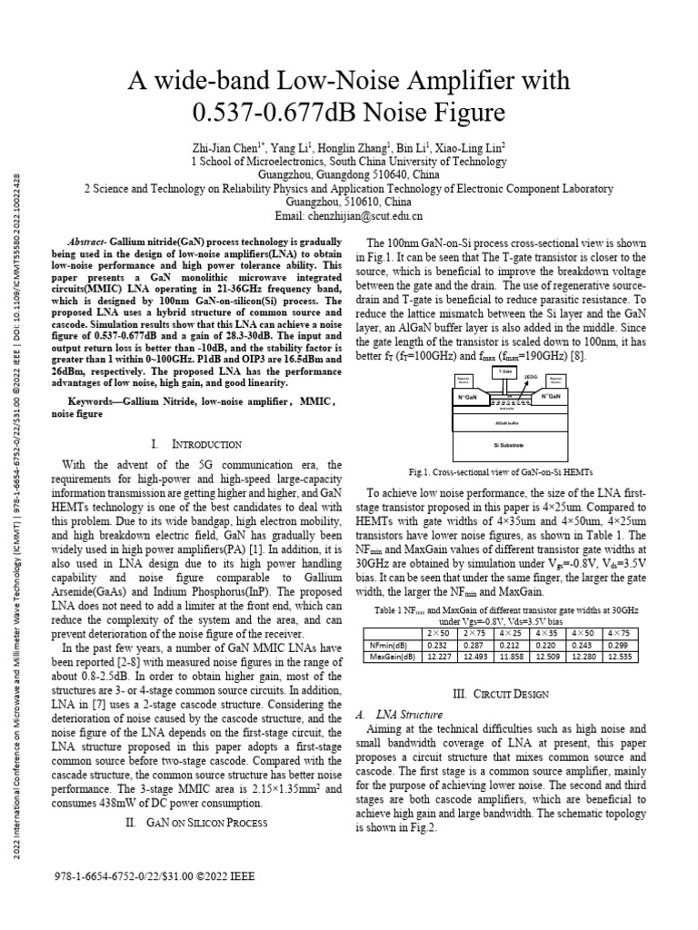 A Wide-Band Low-Noise Amplifier With 0.537-0.677dB Noise Figure | PDF | Resonance | Field Effect ...