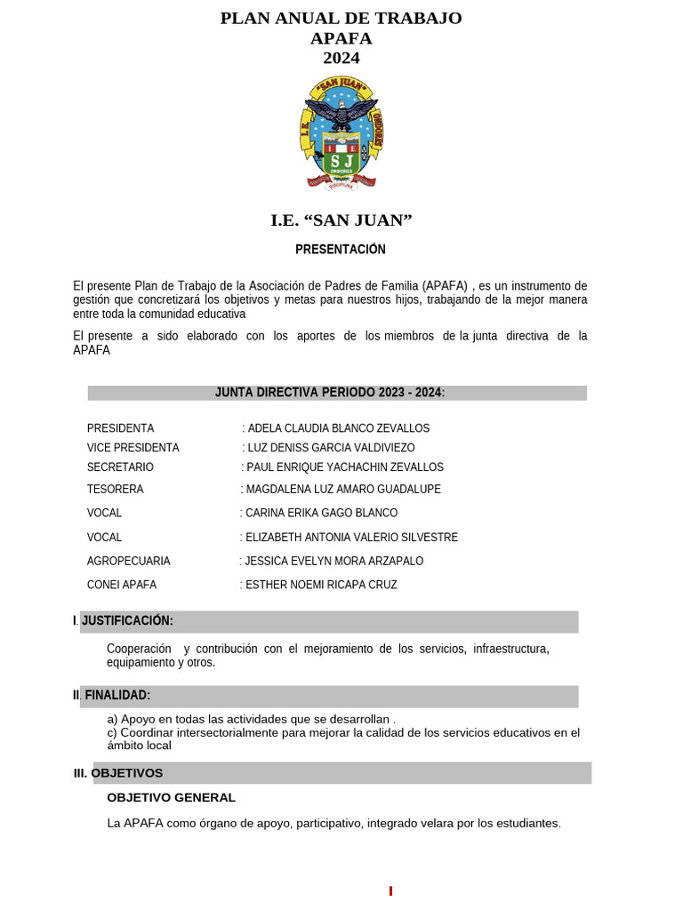 PLAN DE TRABAJO APAFA 2024 | PDF