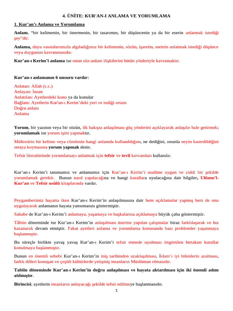 Ünite Kur'an-I Anlama Ve Yorumlama | PDF