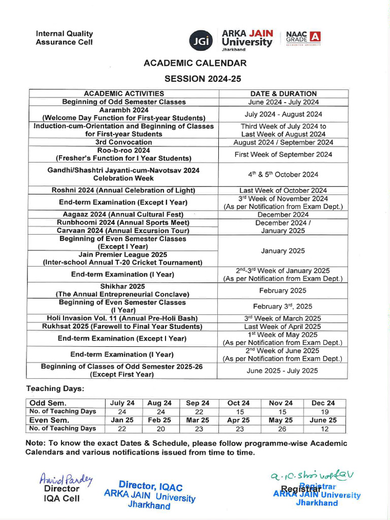 Academic Calendar AJU 2024 25 | PDF